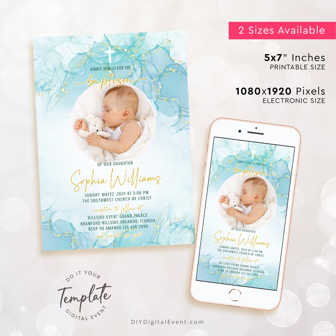 Editable Baptism Invitation Template Aqua Gold Christening - Etsy