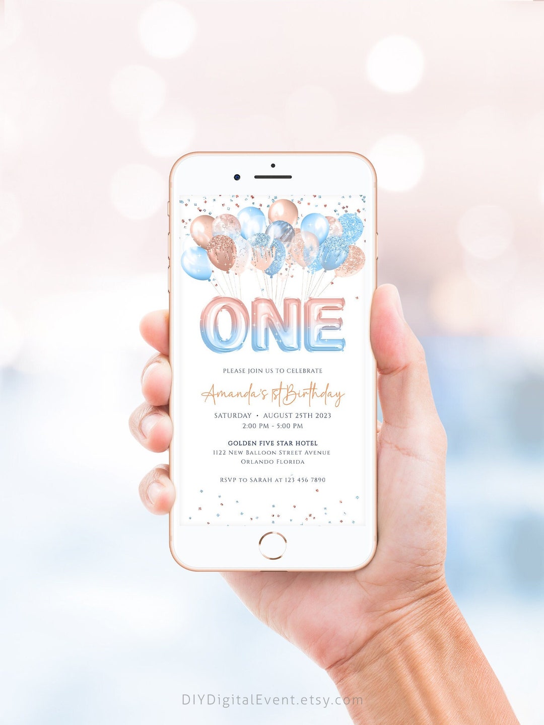 Editable 1st Birthday Invitation Electronic Rose Gold Blue Balloons 1st ...