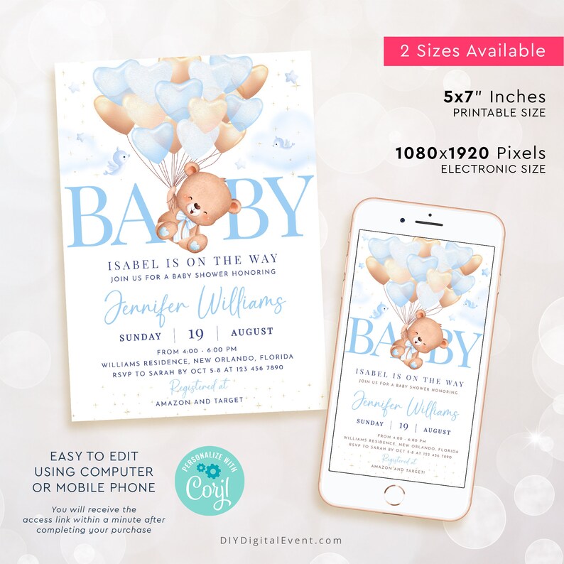 Editable Blue Bear Baby Shower Invitation Template Printable Balloon ...