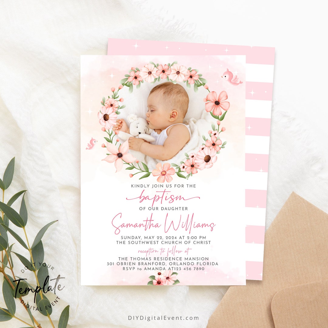 Editable Baptism Invitation Template Pink Flower Christening Invitation ...
