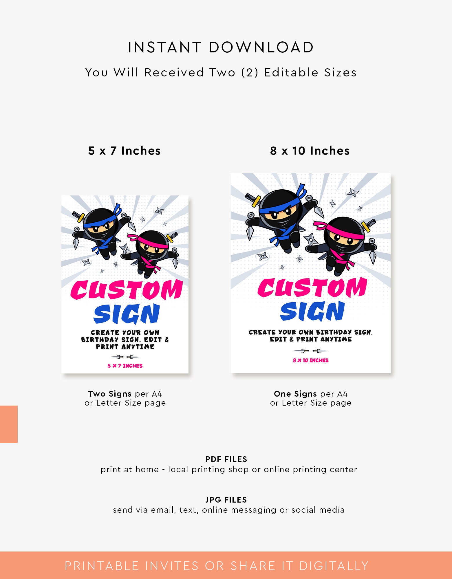Editable Ninja Custom Sign Template Printable Blue Pink Ninja Custom ...