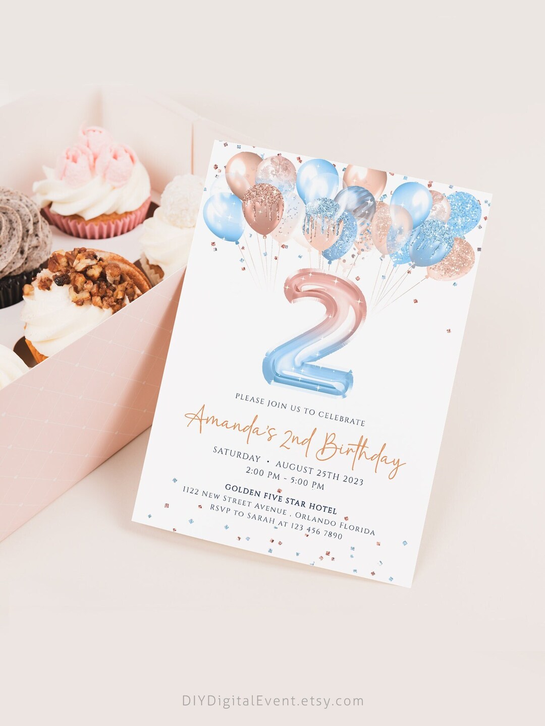 Editable 2nd Birthday Invitation Template Rose Gold Blue Balloons 2nd ...