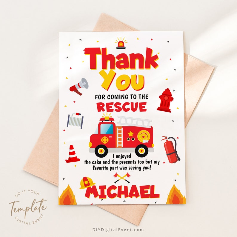 Firetruck Birthday Thank You Card Template Printable Firetruck - Etsy