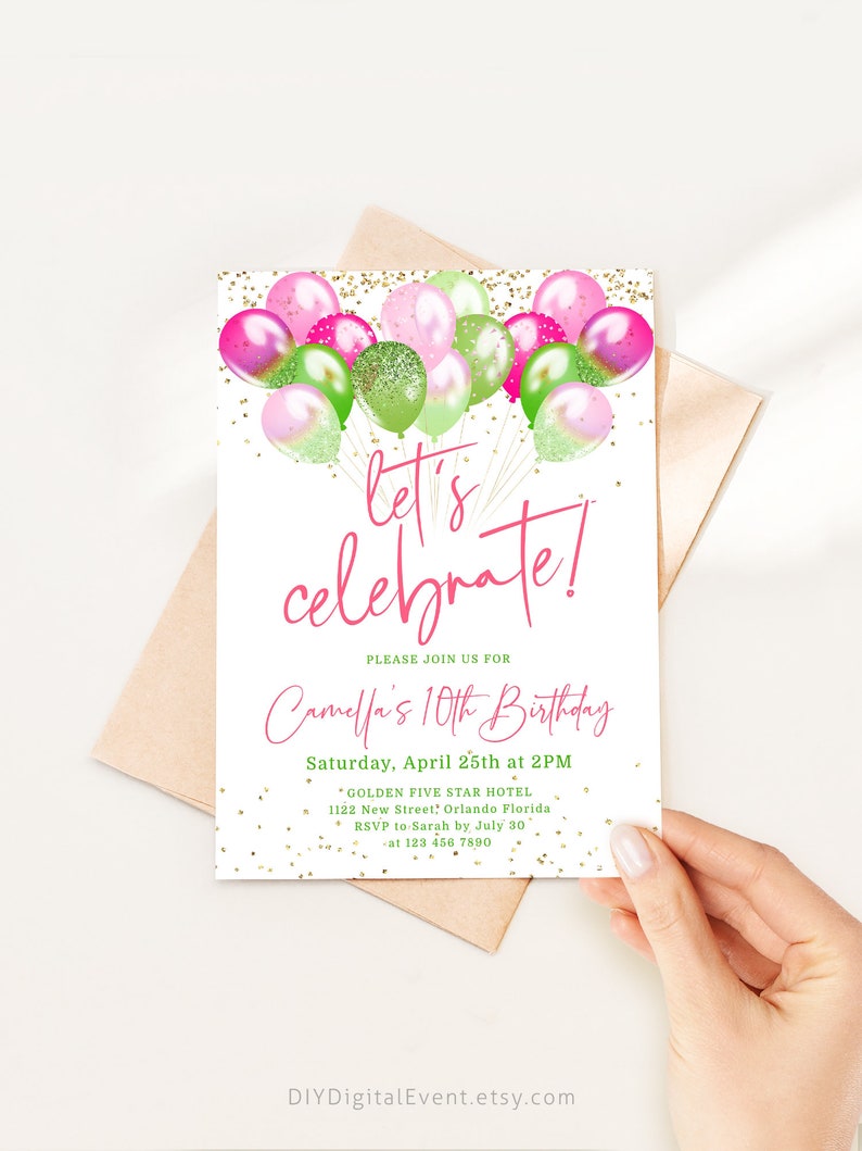 Editable Pink Green Birthday Invitation Template Electronic Let's ...