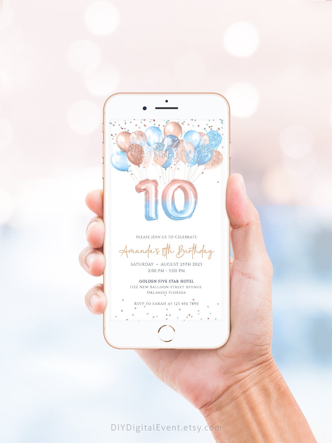 Editable 10th Birthday Invitation Electronic Rose Gold Blue Balloons ...