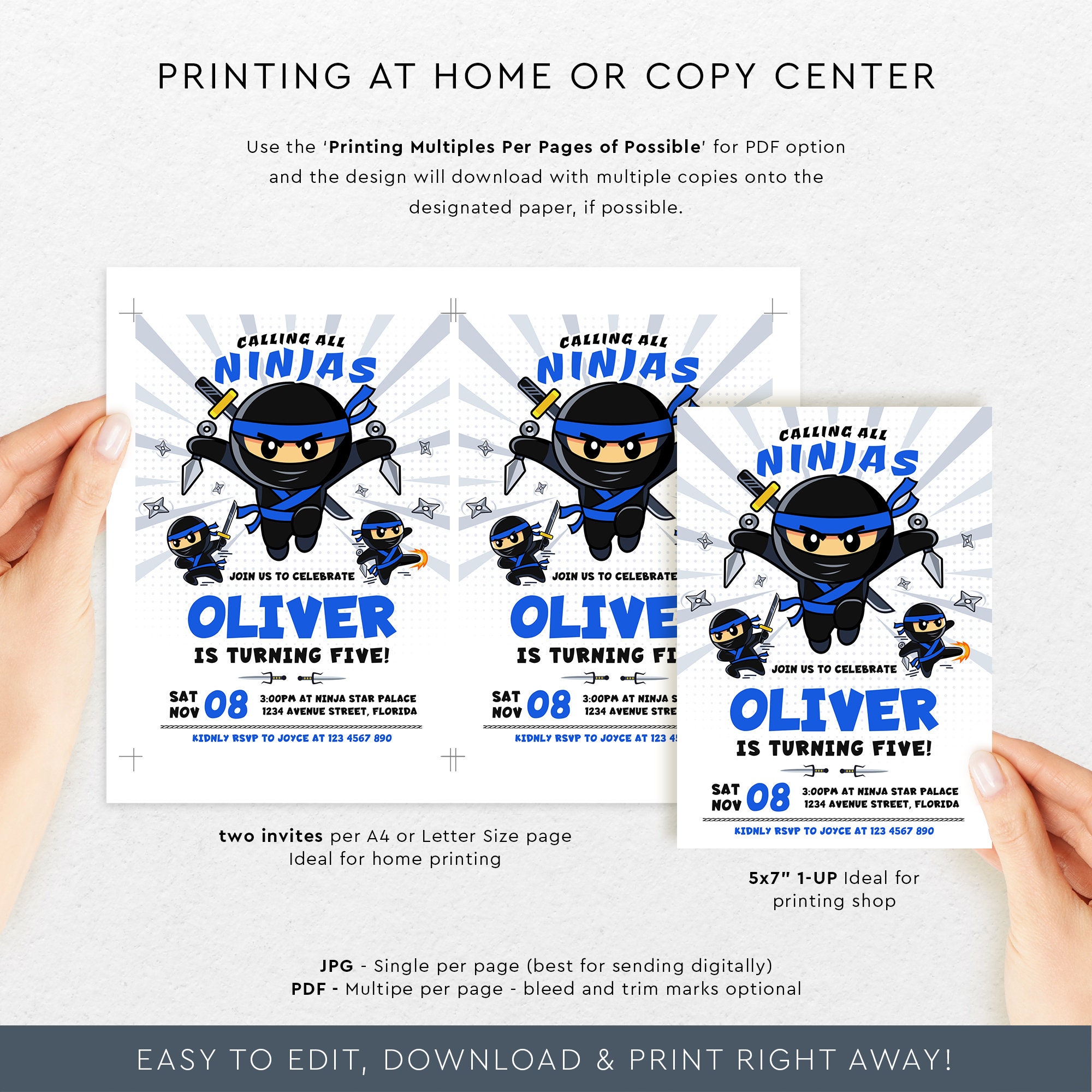 Editable Blue Ninja Birthday Invitation Template Printable Ninja ...