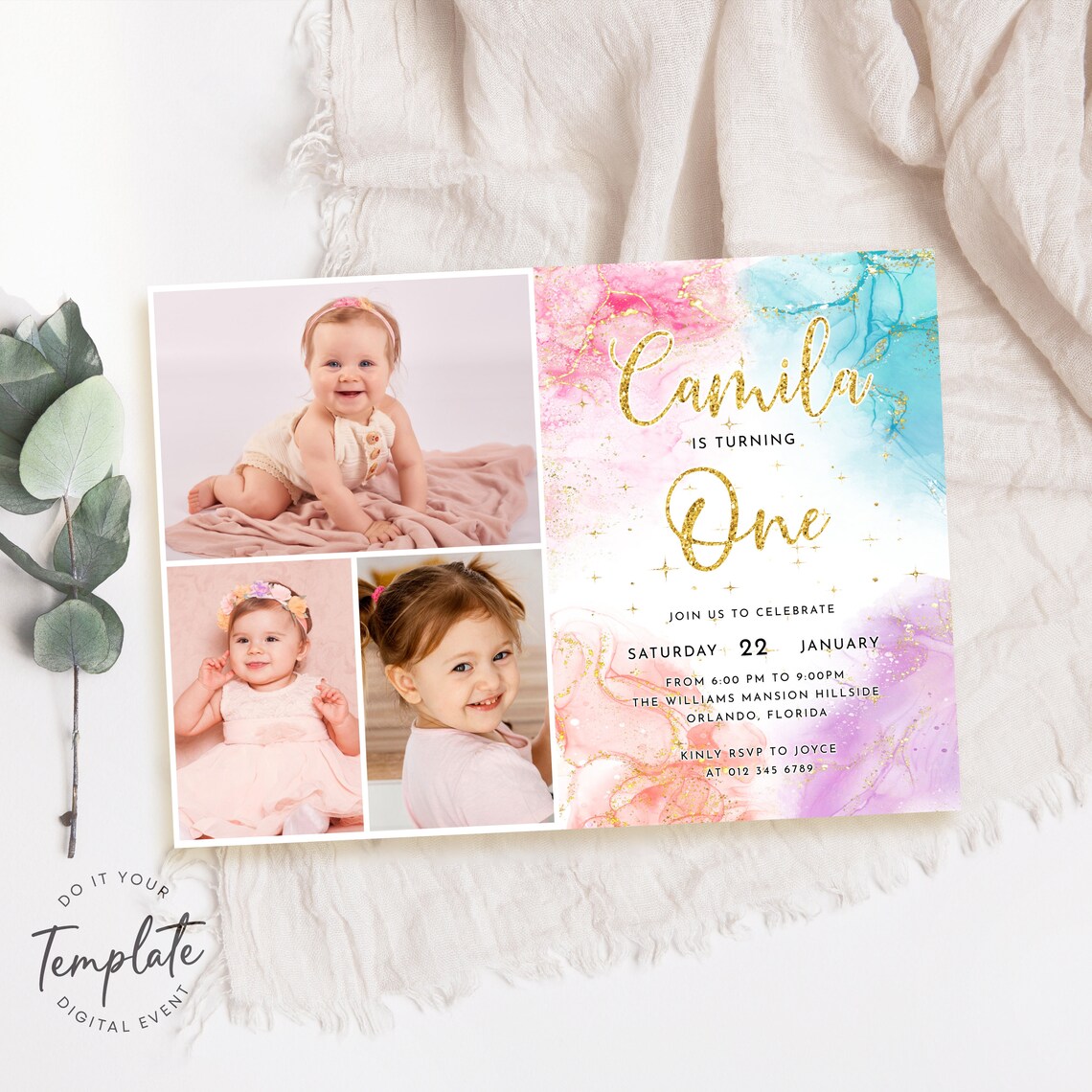 Editable First Birthday Invitation Template Printable Colorful Rainbow ...