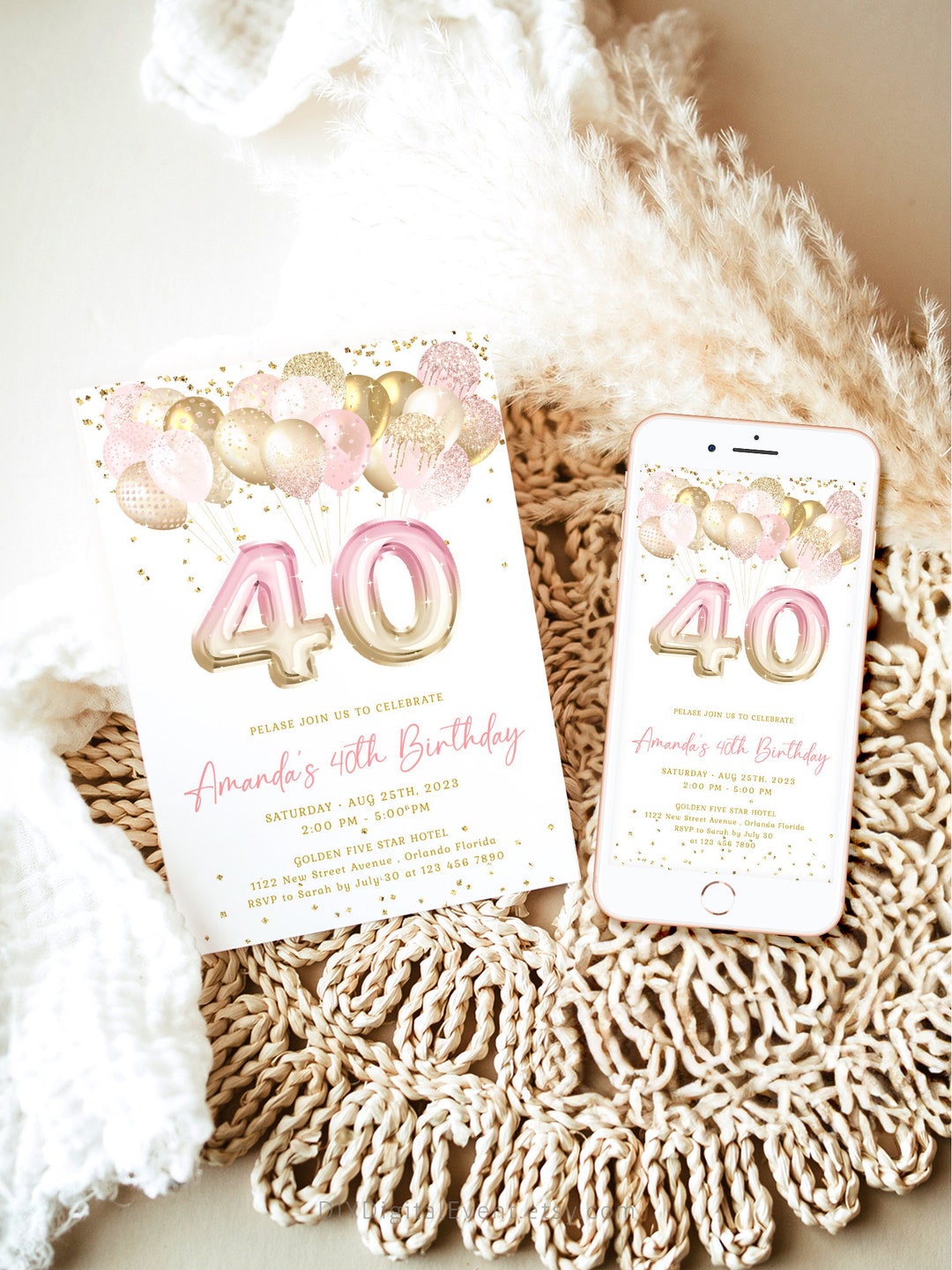 Editable 40th Birthday Invitation Template Gold Pink Glittery Balloons ...
