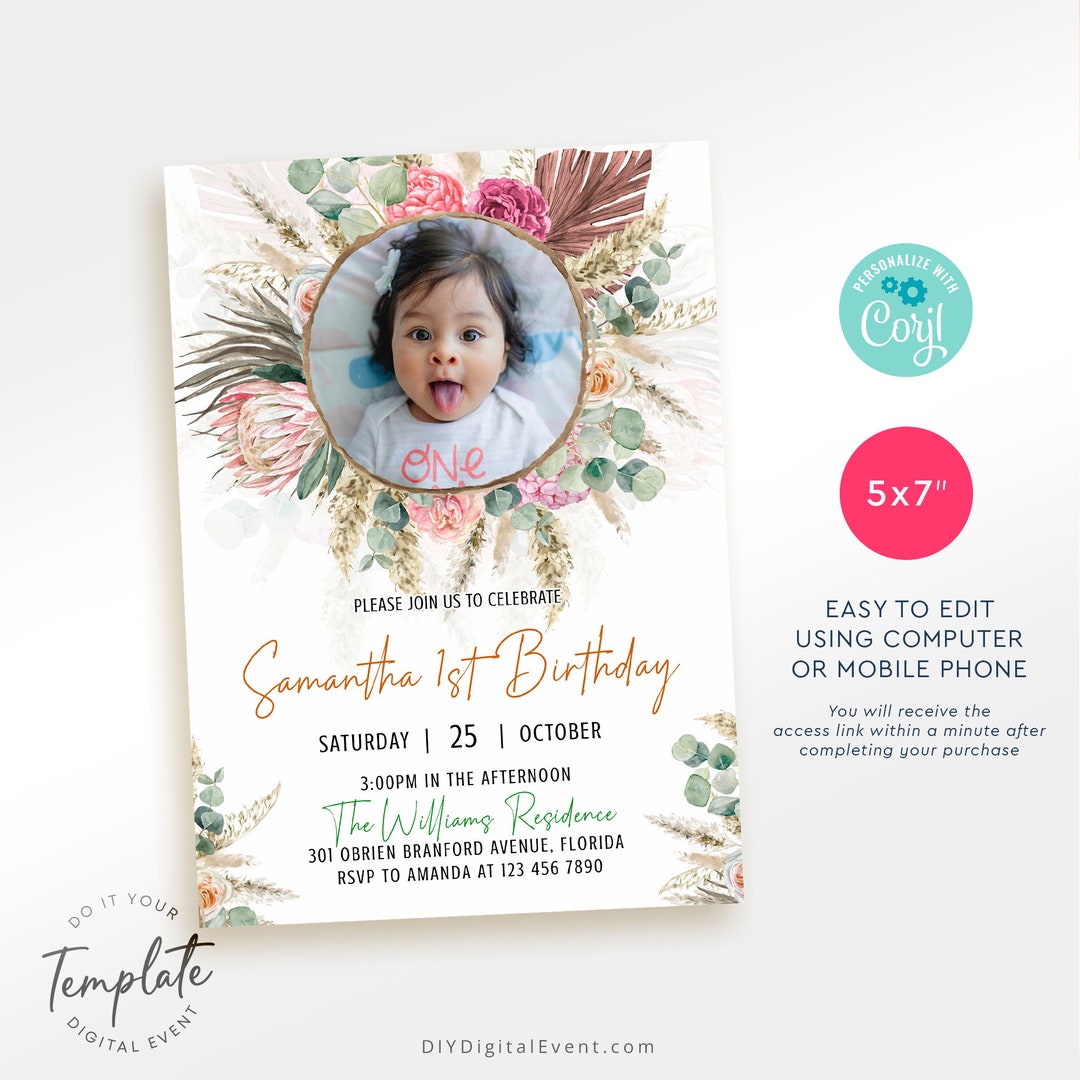 Editable Boho Birthday Invitation Template Boho Floral First Birthday ...