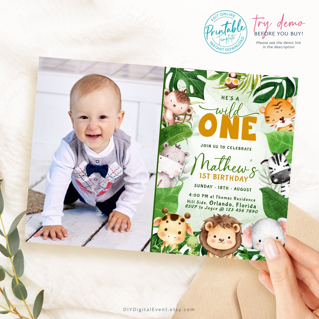 Wild One Birthday Invitation With Photo Template, Printable Safari 1st ...