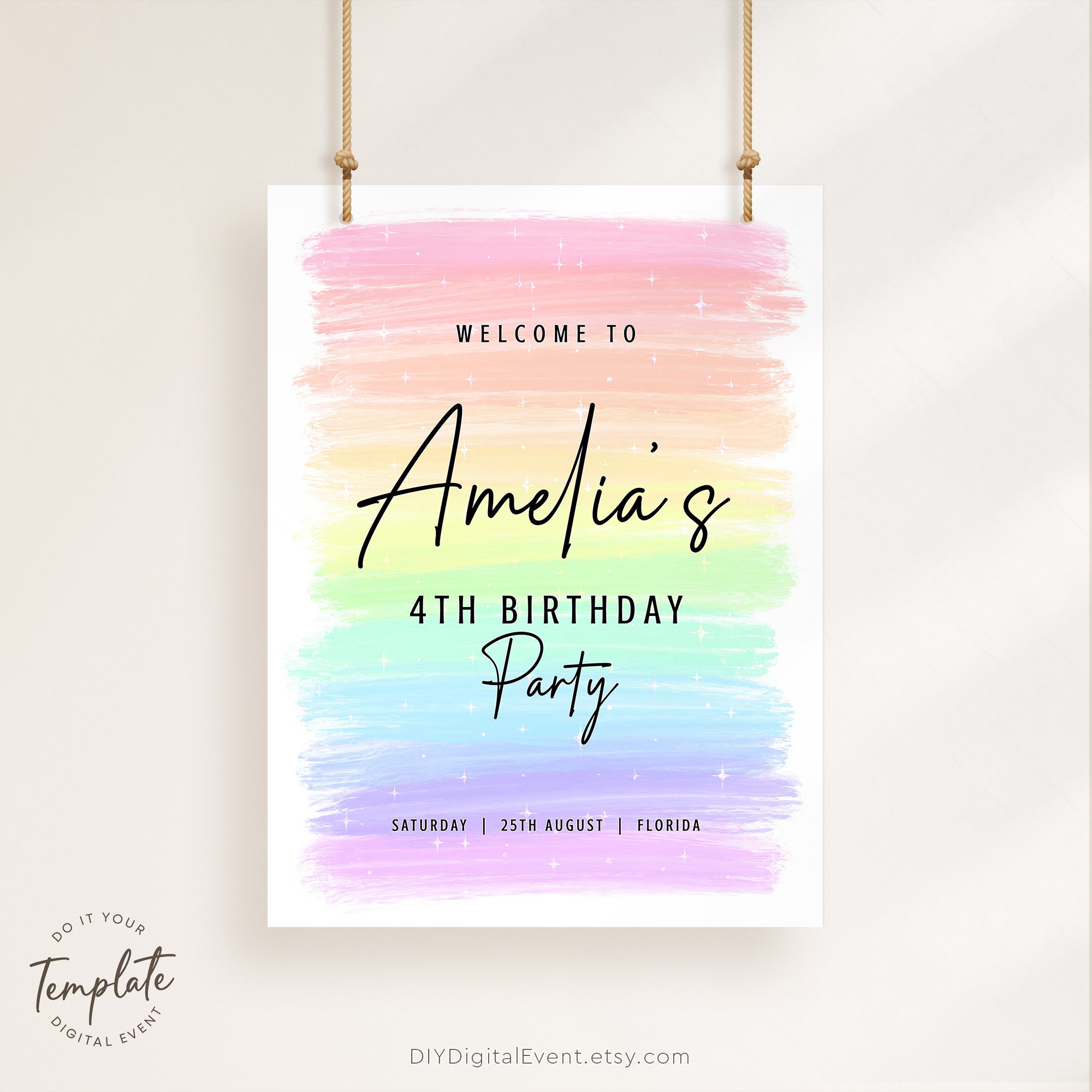 Rainbow Birthday Welcome Sign Template Editable Colorful - Etsy