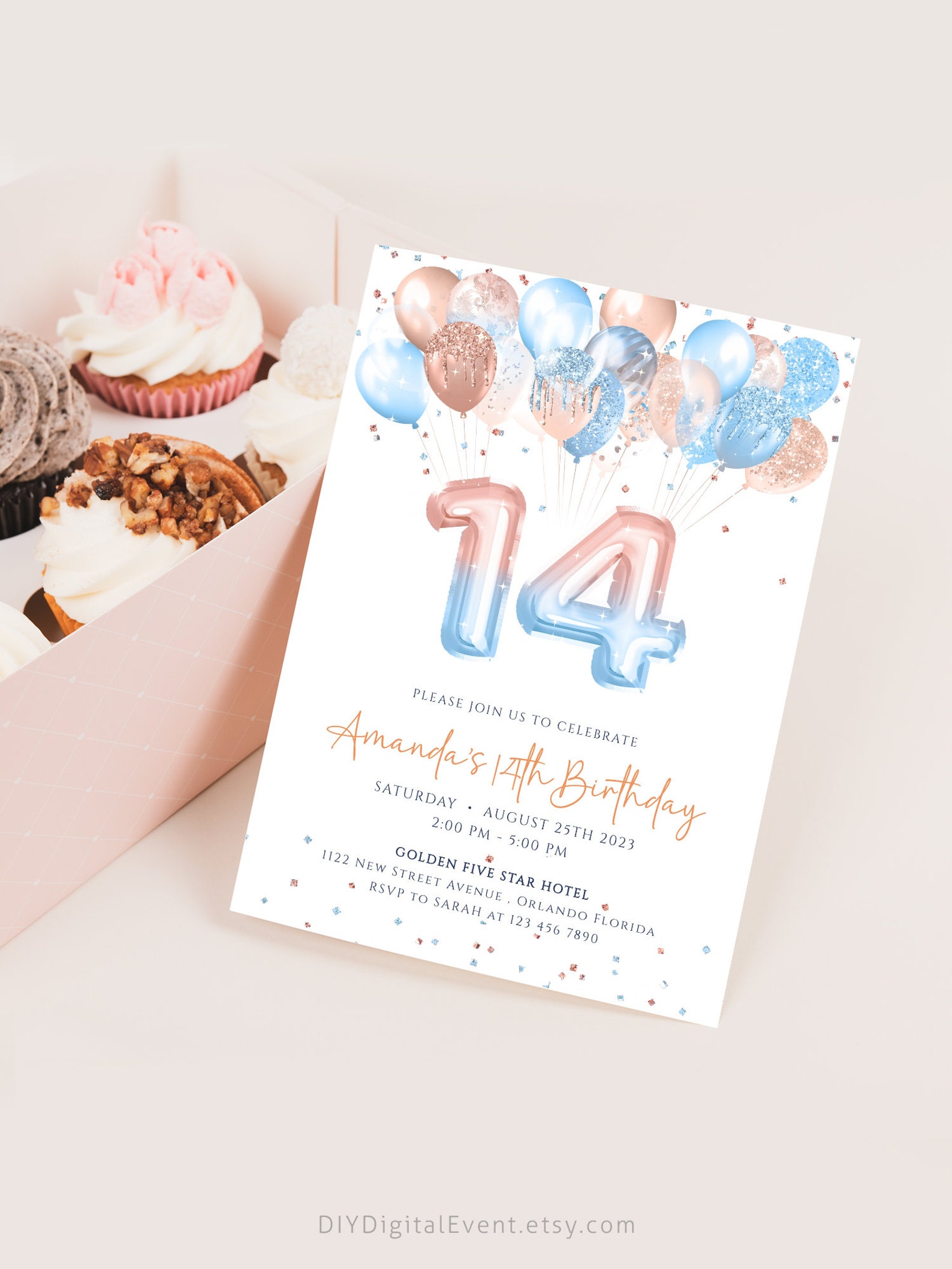 Editable 14th Birthday Invitation Template Rose Gold Blue Balloons 14th ...