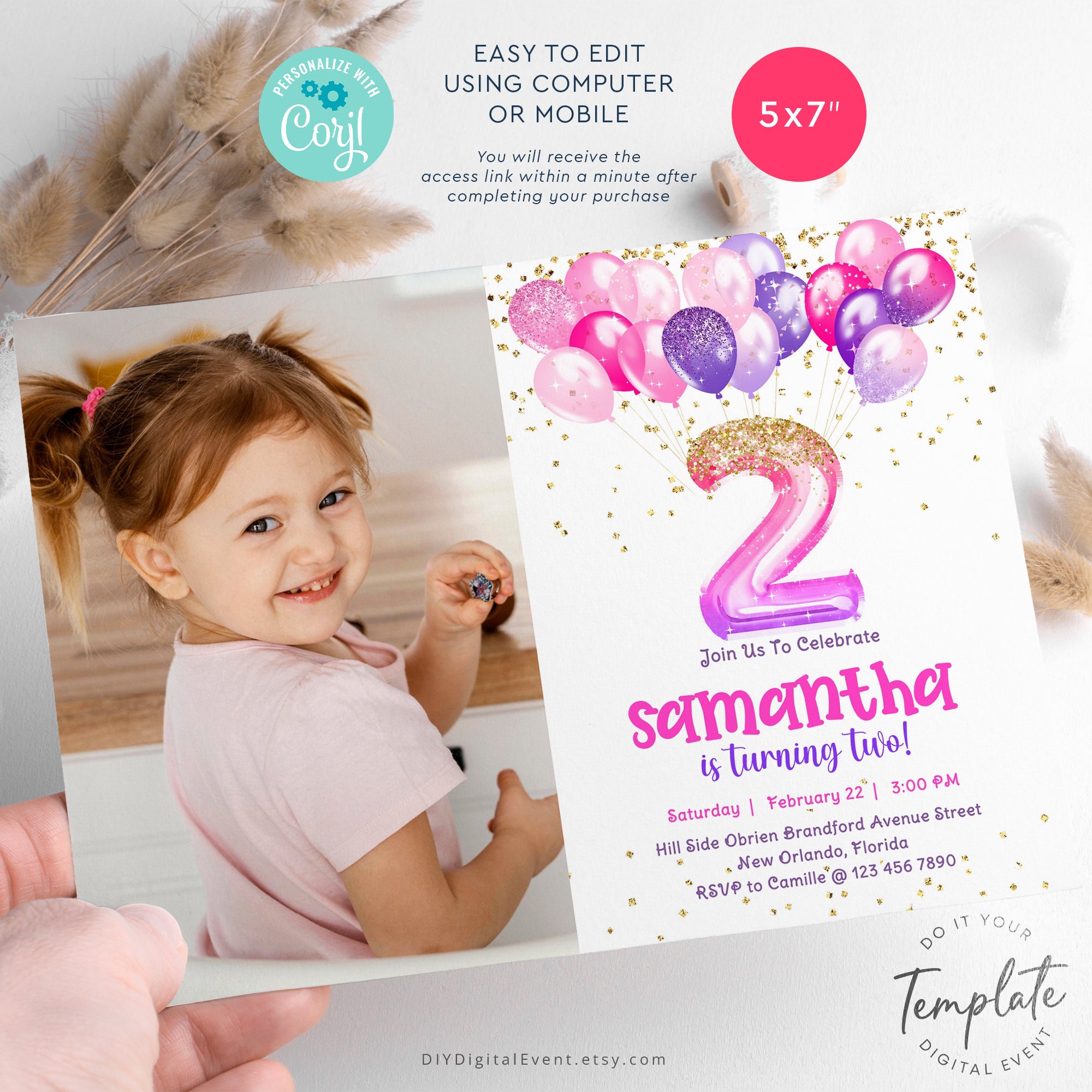 Editable 2nd Birthday Invitation Template Glittery Purple Pink Balloons ...