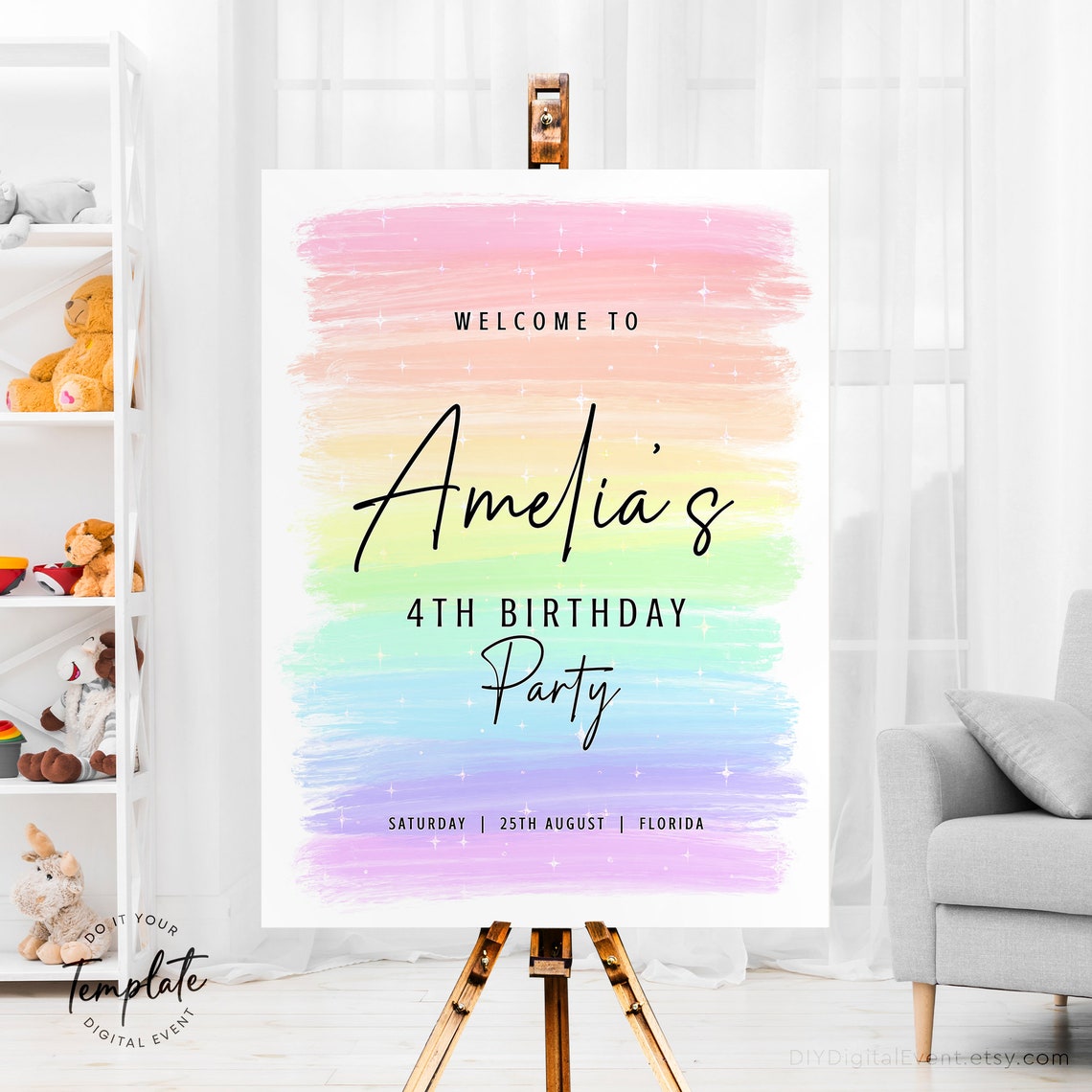 Rainbow Birthday Welcome Sign Template Editable Colorful - Etsy