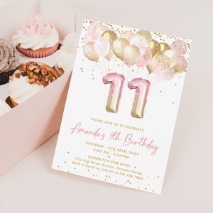 Editable 11th Birthday Invitation Template Gold Pink Glittery Balloons ...