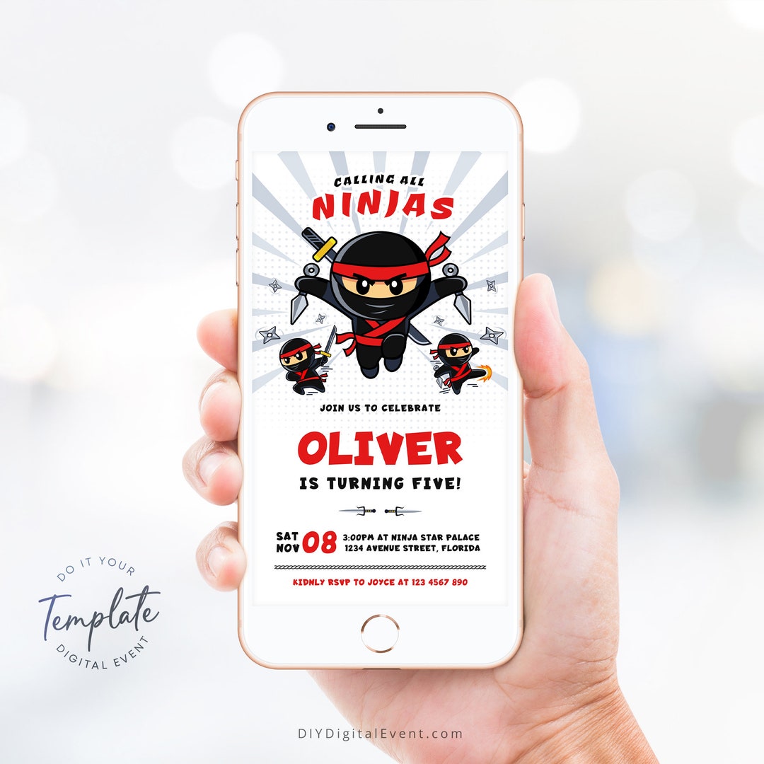 Ninja Birthday Electronic Invitation Template Editable Ninja Warrior ...