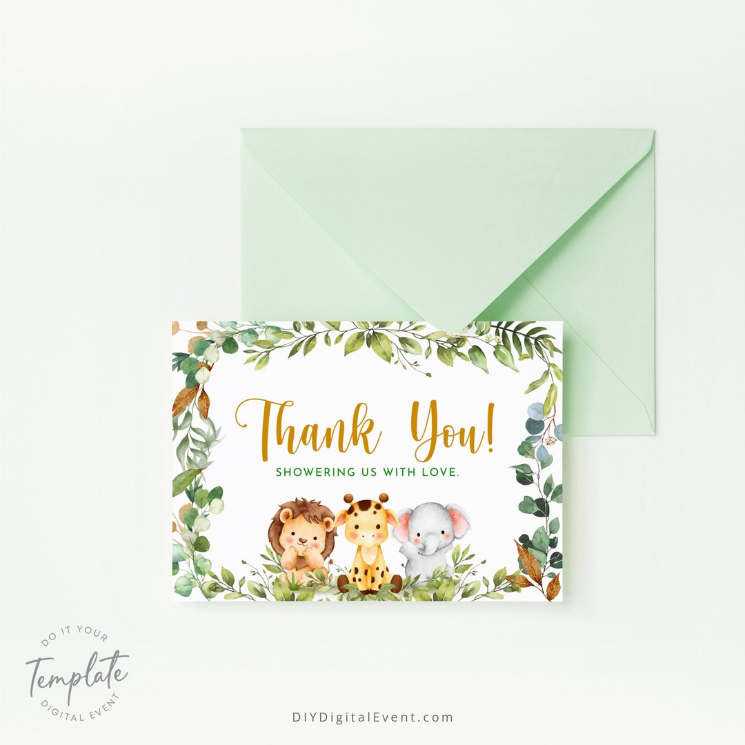 Safari Animal Thank You Card Template Editable Wild Animals Thank You ...