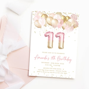 Editable 11th Birthday Invitation Template Gold Pink Glittery Balloons ...