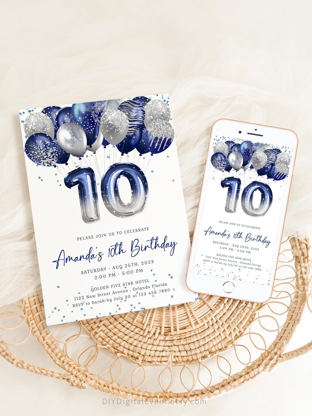 Editable 10th Birthday Invitation Template Navy Blue and Silver ...