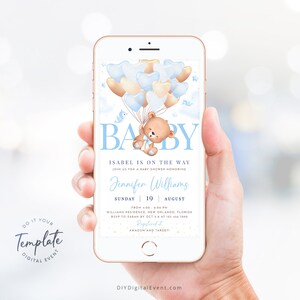 Editable Blue Bear Baby Shower Invitation Template Printable Balloon ...