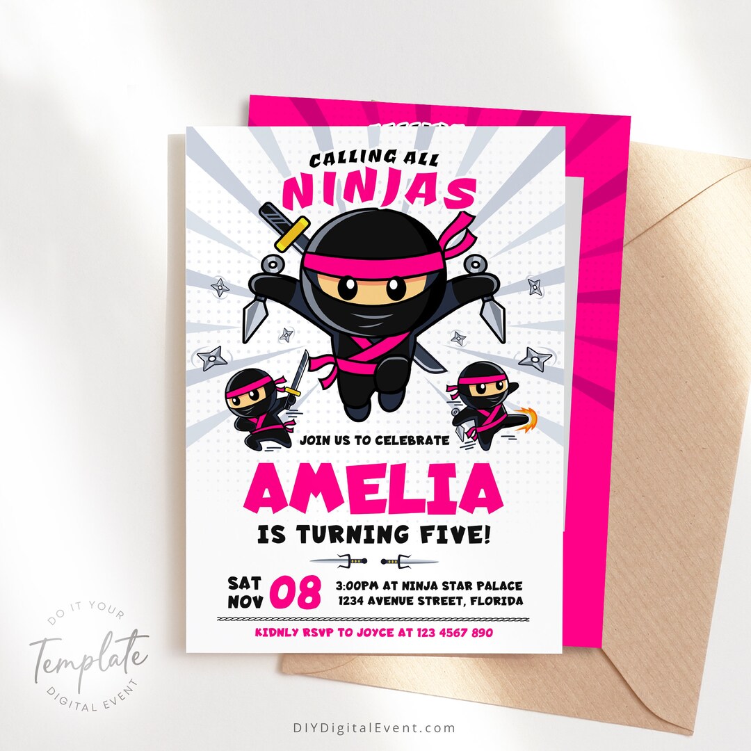 Editable Pink Ninja Birthday Invitation Template Printable Ninja ...