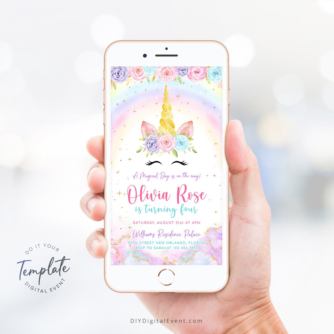Editable Unicorn Birthday Invitation Template Magical Rainbow Unicorn ...