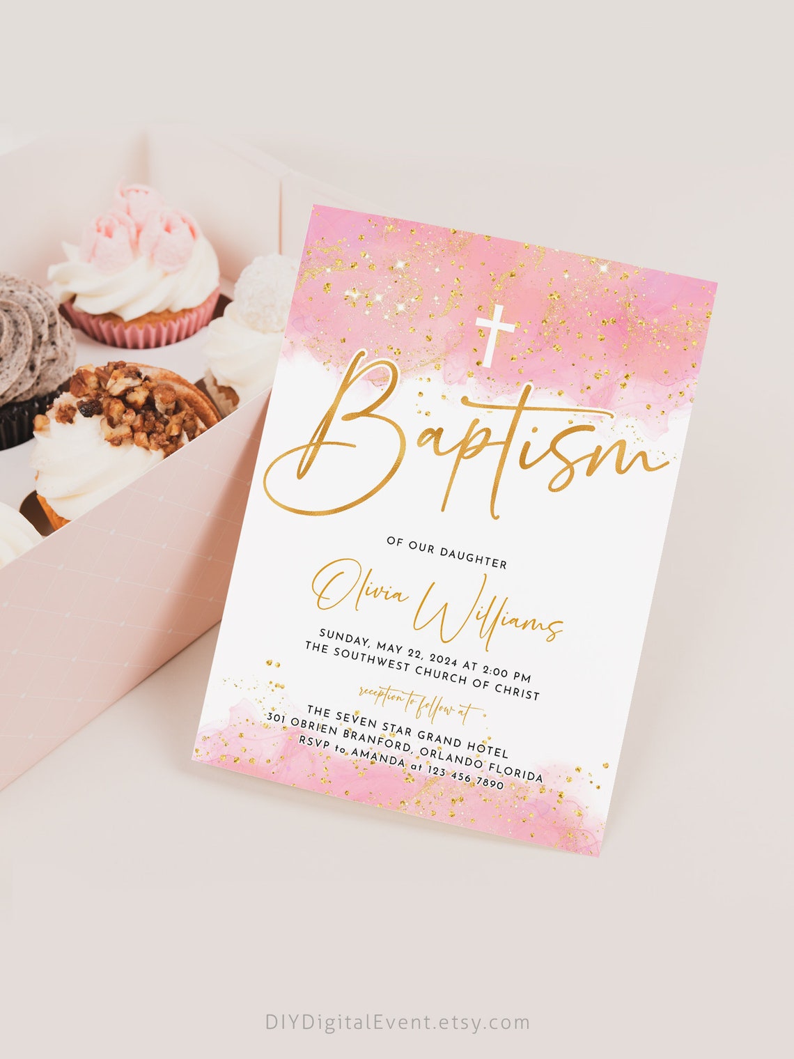Editable Baptism Invitation Template Printable Minimalist Pink Gold ...