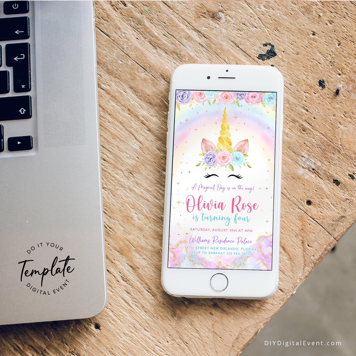Editable Unicorn Birthday Invitation Template Magical Rainbow Unicorn ...