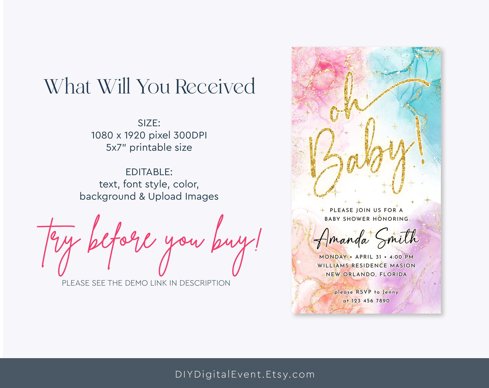 Colorful Baby Shower Invitation Template, Electronic Oh Baby Shower ...
