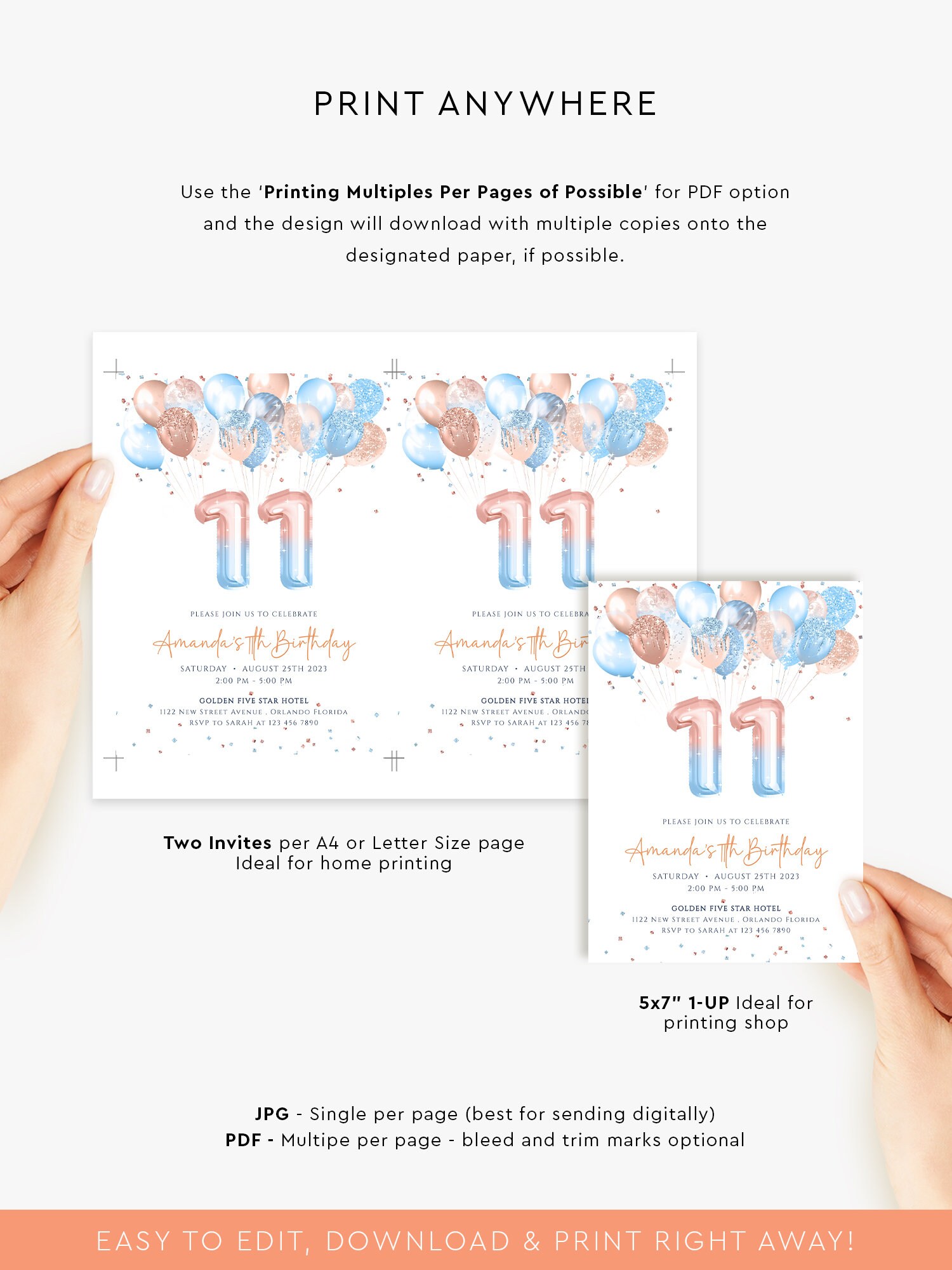 Editable 11th Birthday Invitation Template Rose Gold Blue Balloons 11th ...