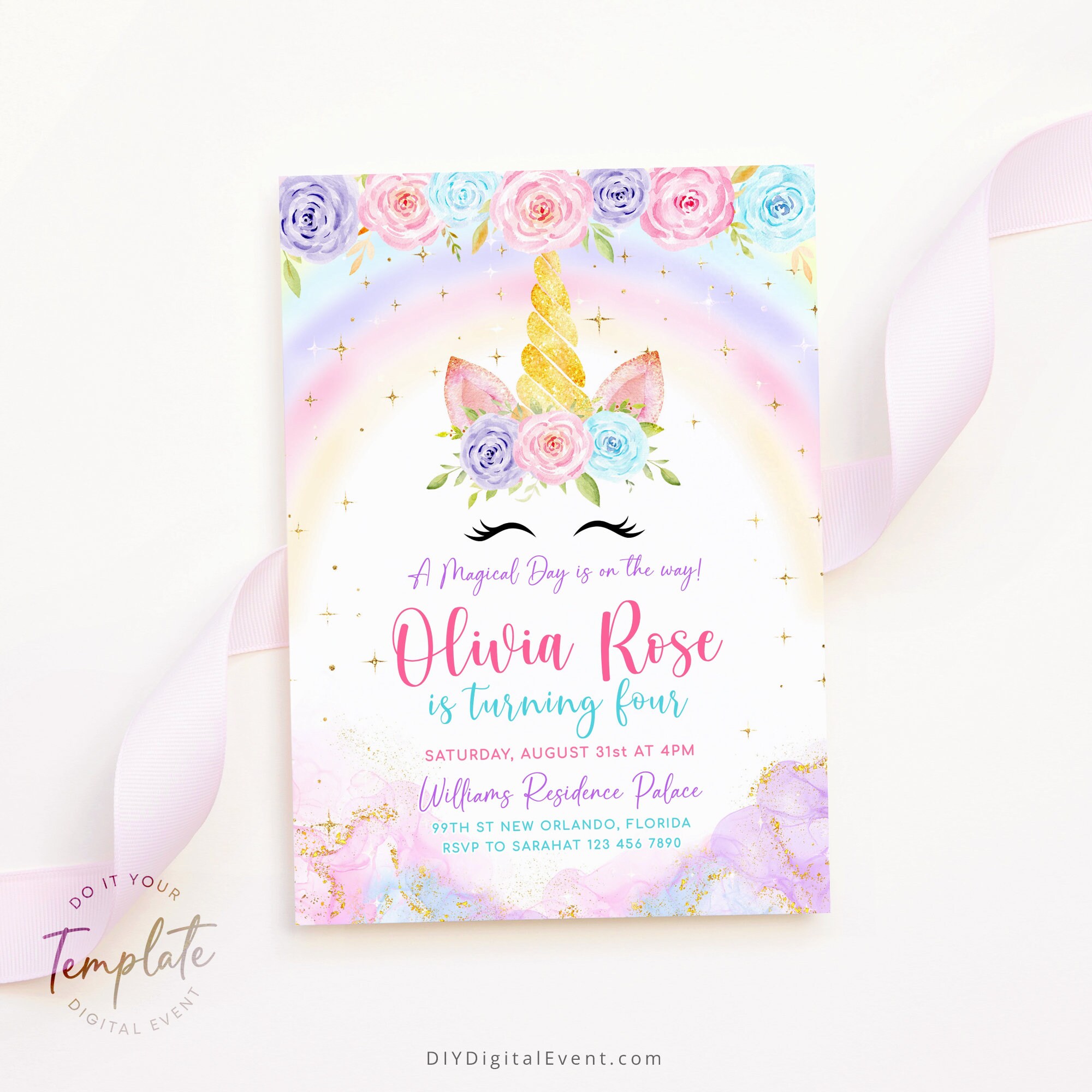 Editable Unicorn Birthday Invitation Template Magical Rainbow Unicorn ...