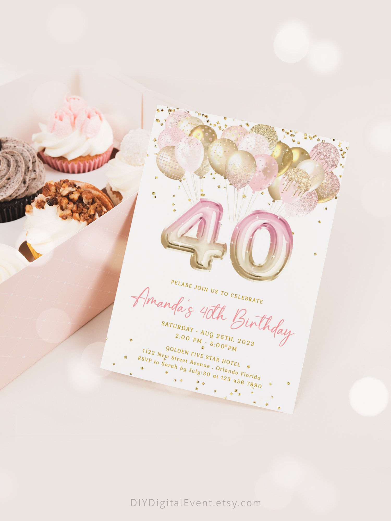 Editable 40th Birthday Invitation Template Gold Pink Glittery Balloons ...