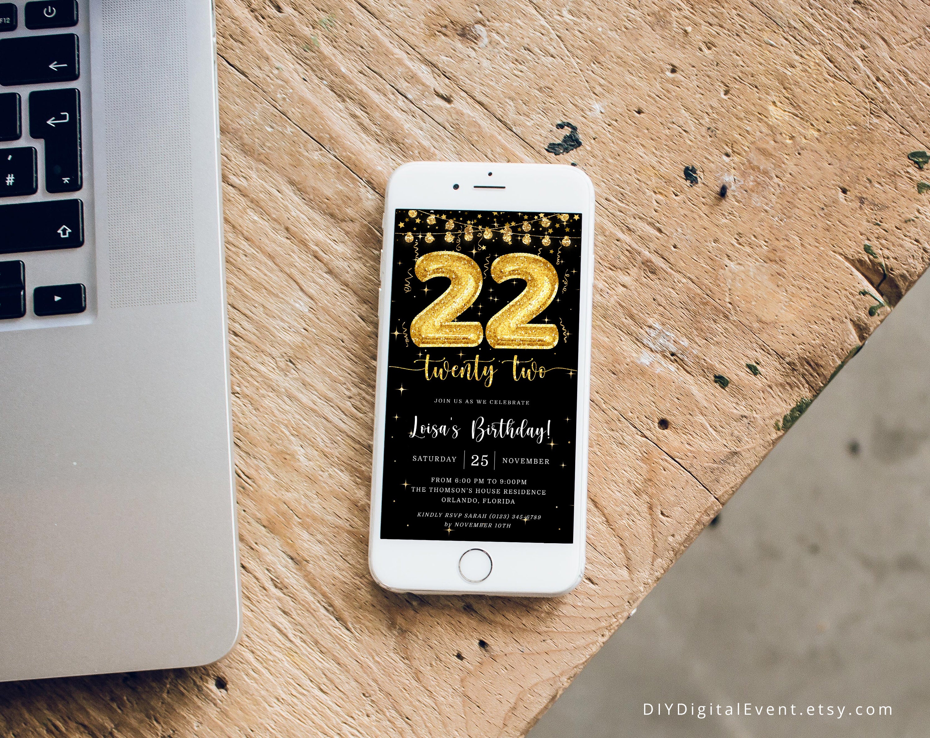 22nd Birthday Invitation Template Electronic Birthday Invite - Etsy