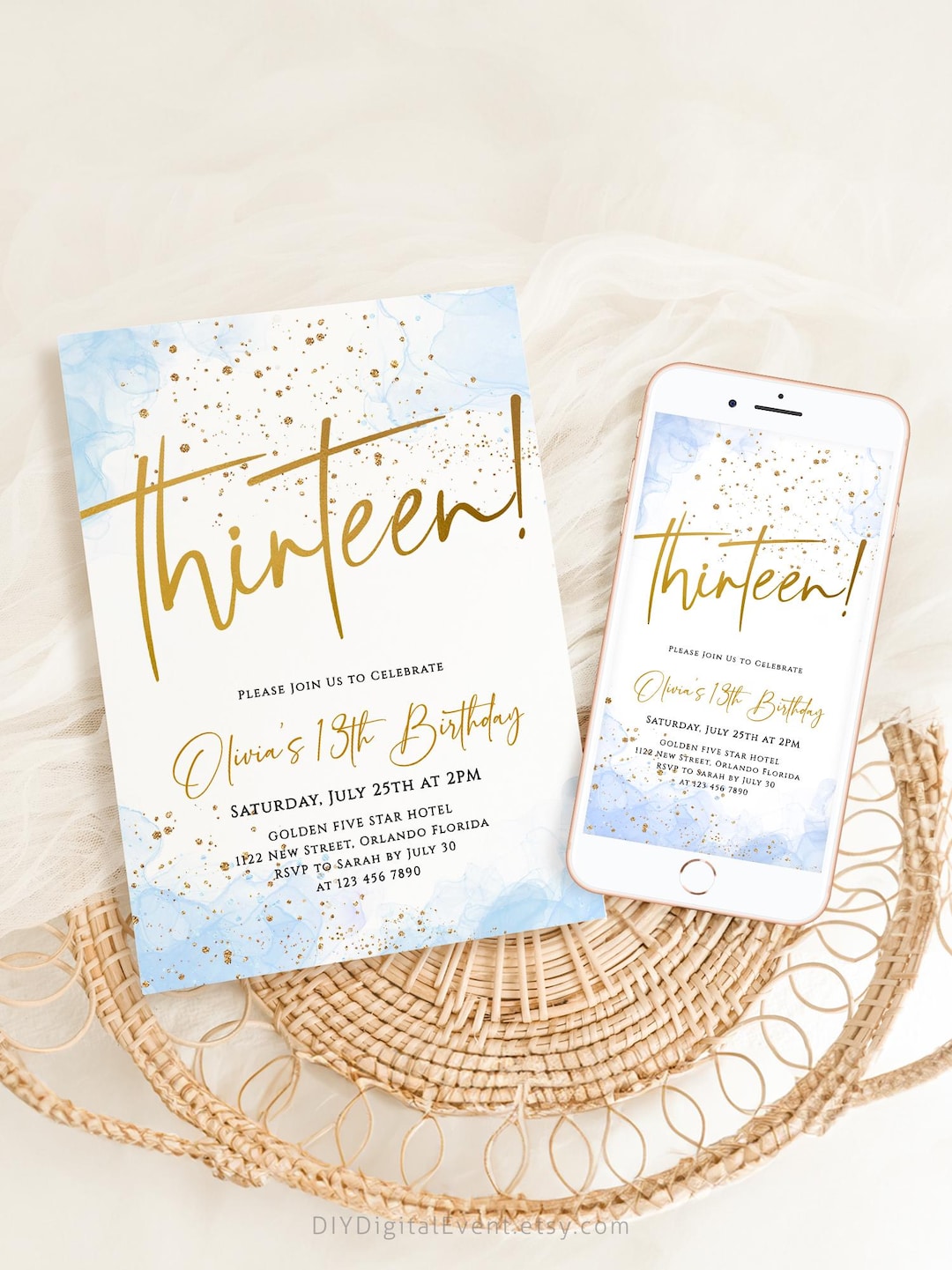 Editable 13th Birthday Invitation Template Gold Glittery Thirteen ...