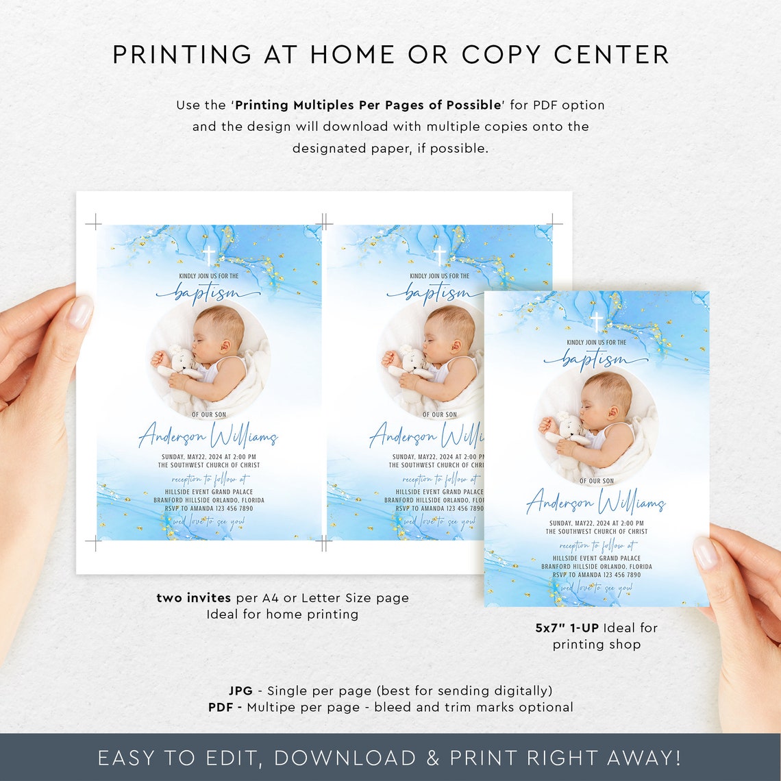 Editable Baptism Invitation Template Light Blue Christening Invitation ...