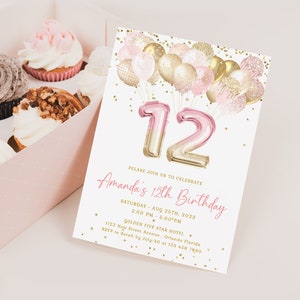 Editable 12th Birthday Invitation Template Gold Pink Glittery Balloons ...