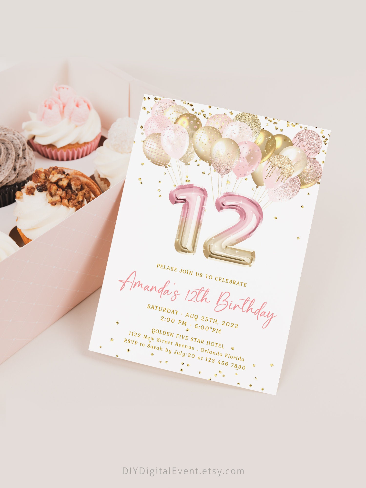 12th Birthday Invitation | Pink & Gold Glitter Balloon Evite | Editable ...