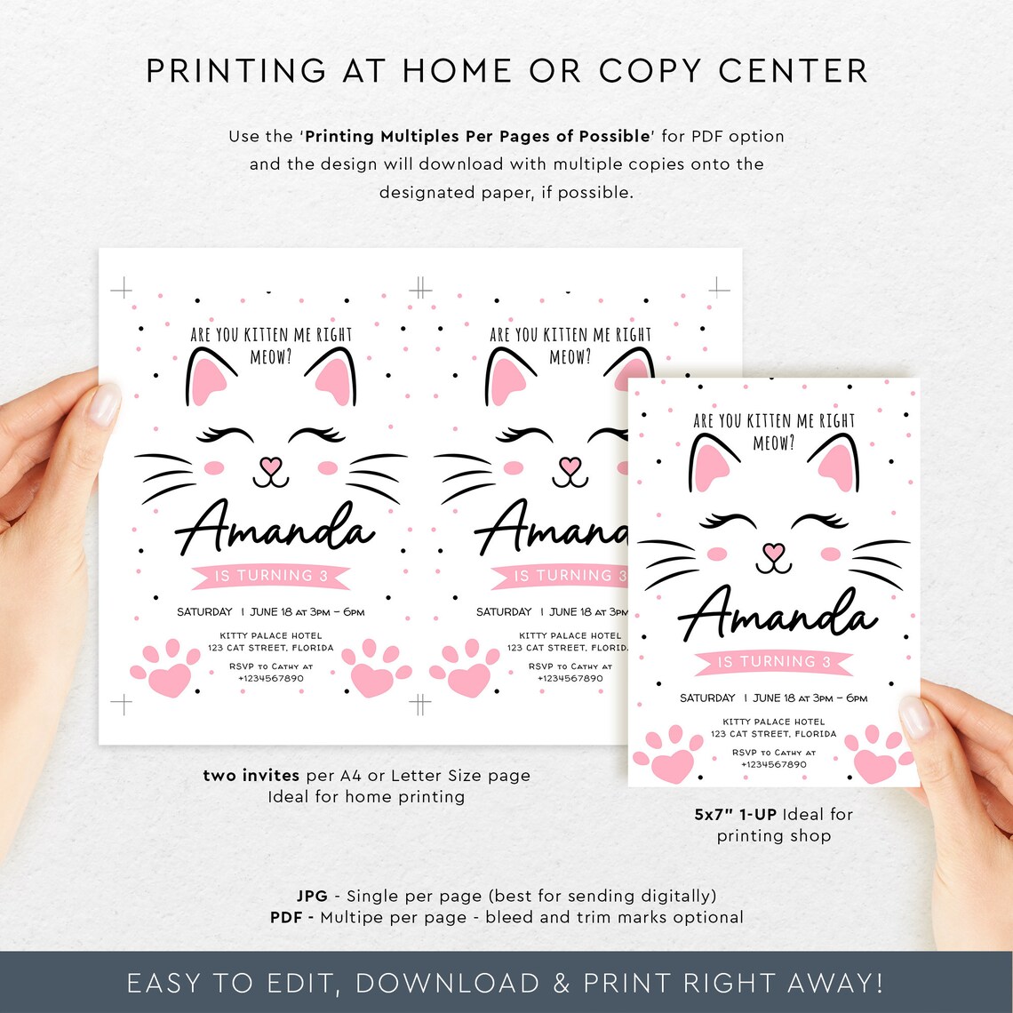 Kitty Cat Birthday Invitation Template Editable Kitten Birthday Party ...