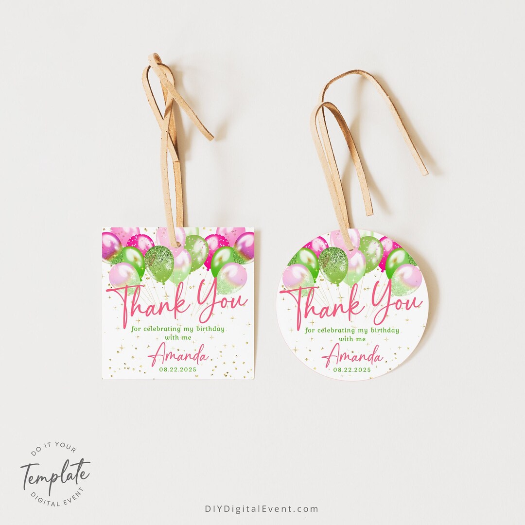 EDITABLE Pink and Green Favor Tags Balloons Birthday Thank You Tags ...