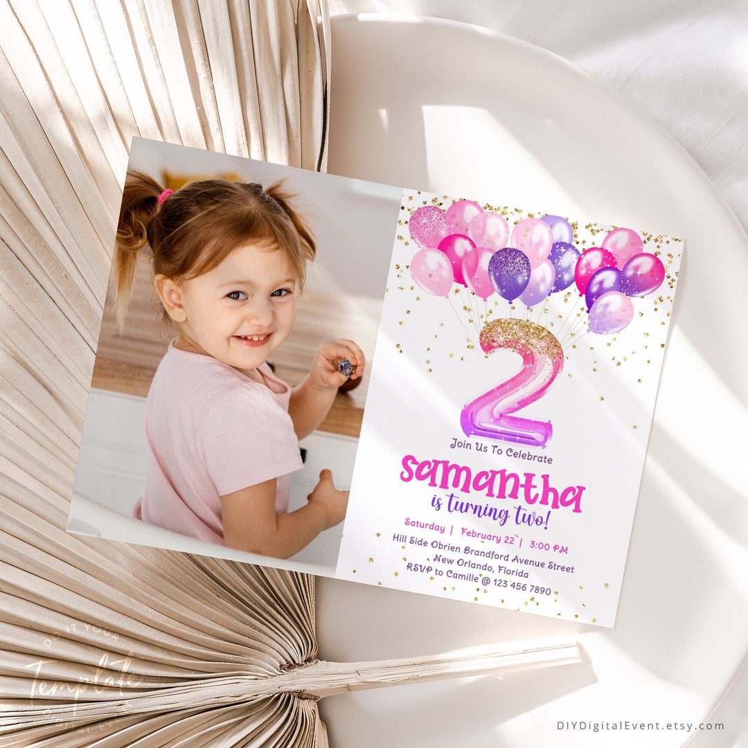 Editable 2nd Birthday Invitation Template Glittery Purple Pink Balloons ...