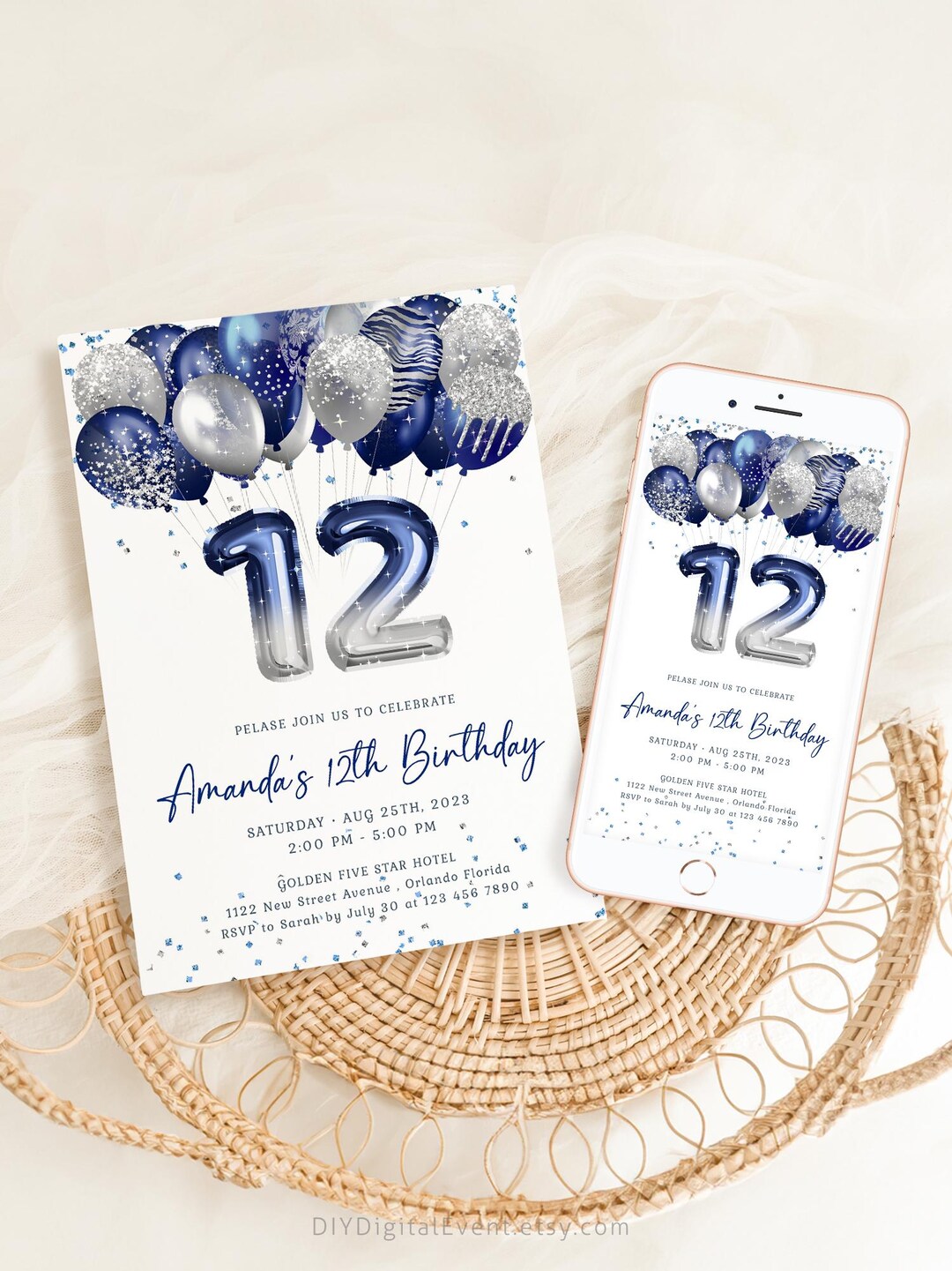 Editable 12th Birthday Invitation Template Navy Blue and Silver Balloons 12th Birthday Invite ...