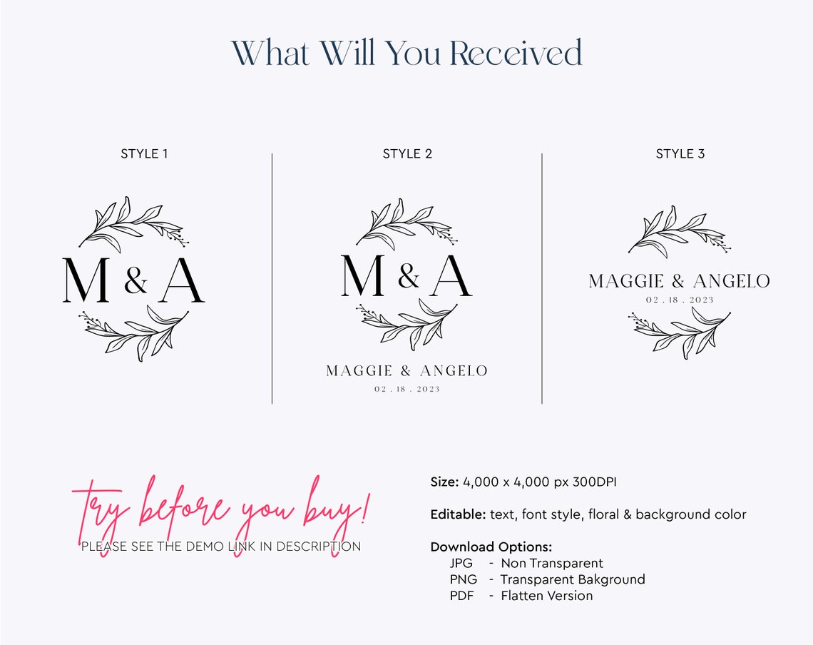 Floral Wedding Logo Simple Wedding Logo Editable Custom - Etsy