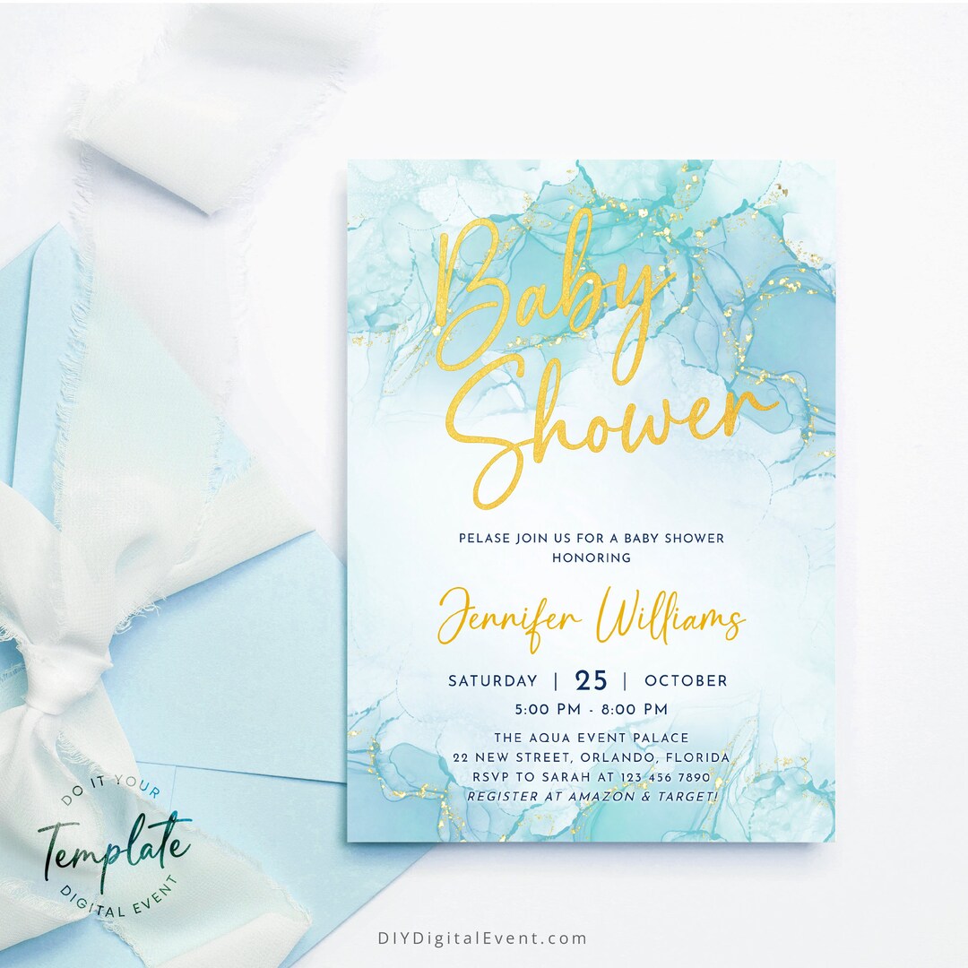 Editable Baby Shower Invitation Template Aqua Gold Baby Shower ...