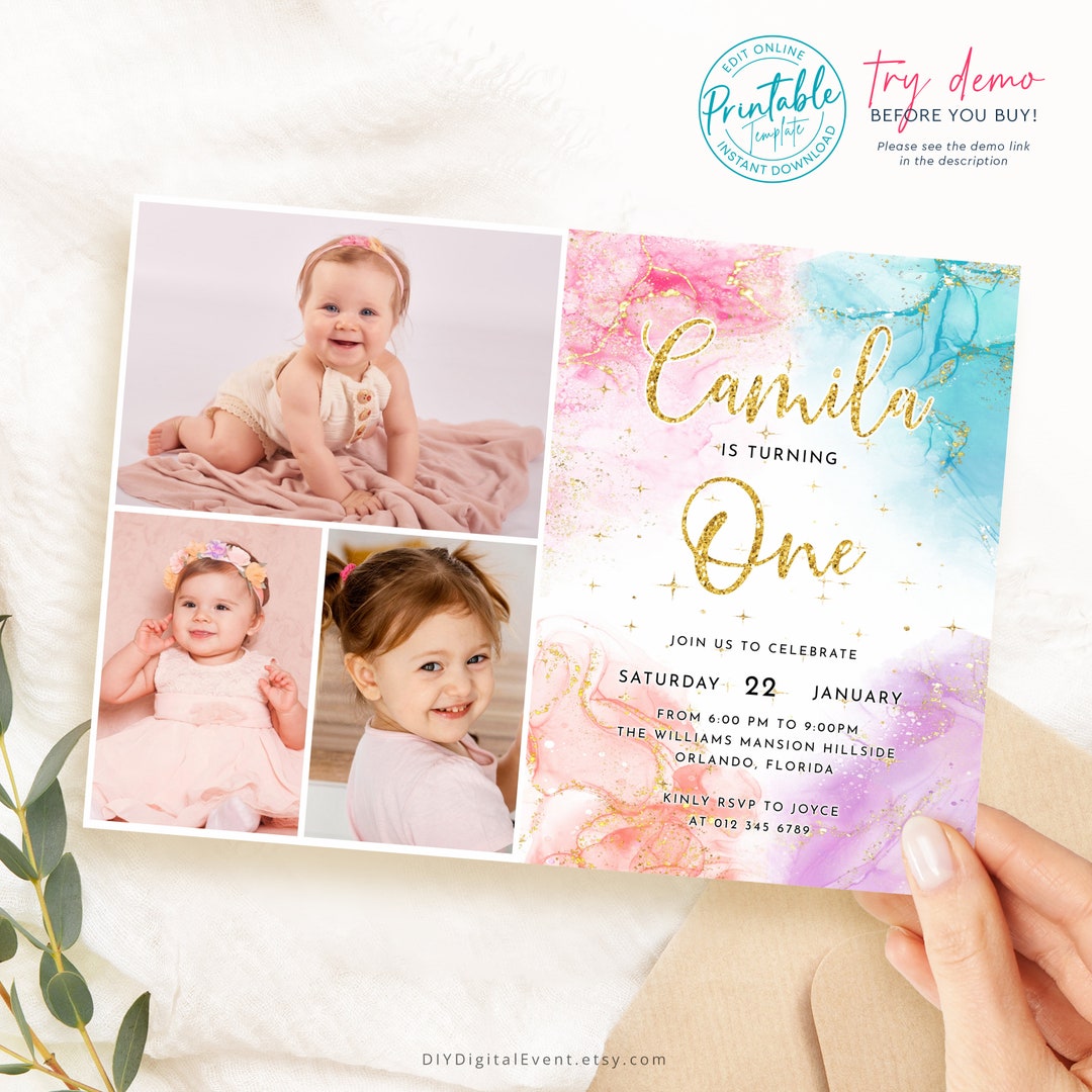 Editable First Birthday Invitation Template Printable Colorful Rainbow ...