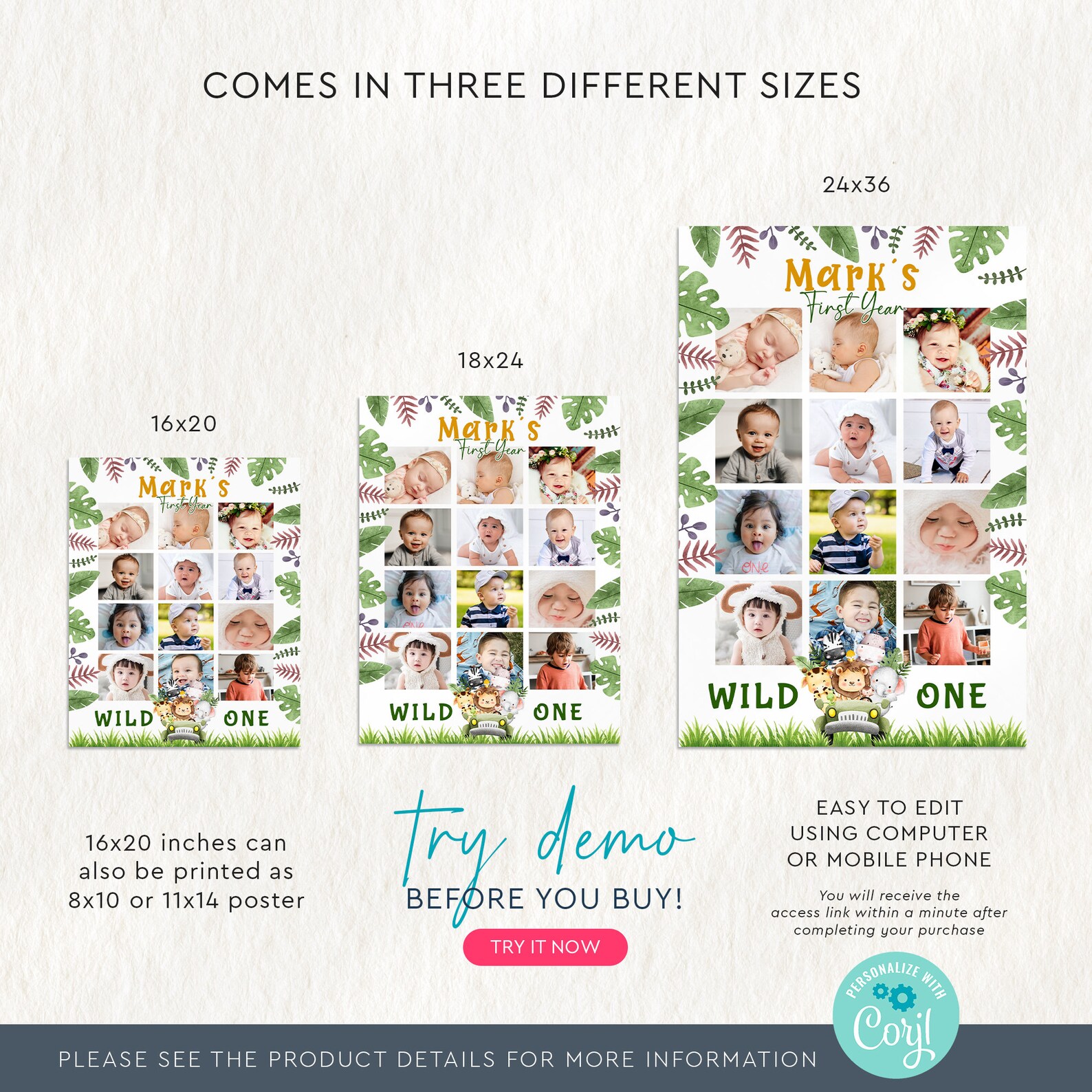 Editable 12 Month Photo Poster Wild One Photo Collage Sign Baby Boy ...
