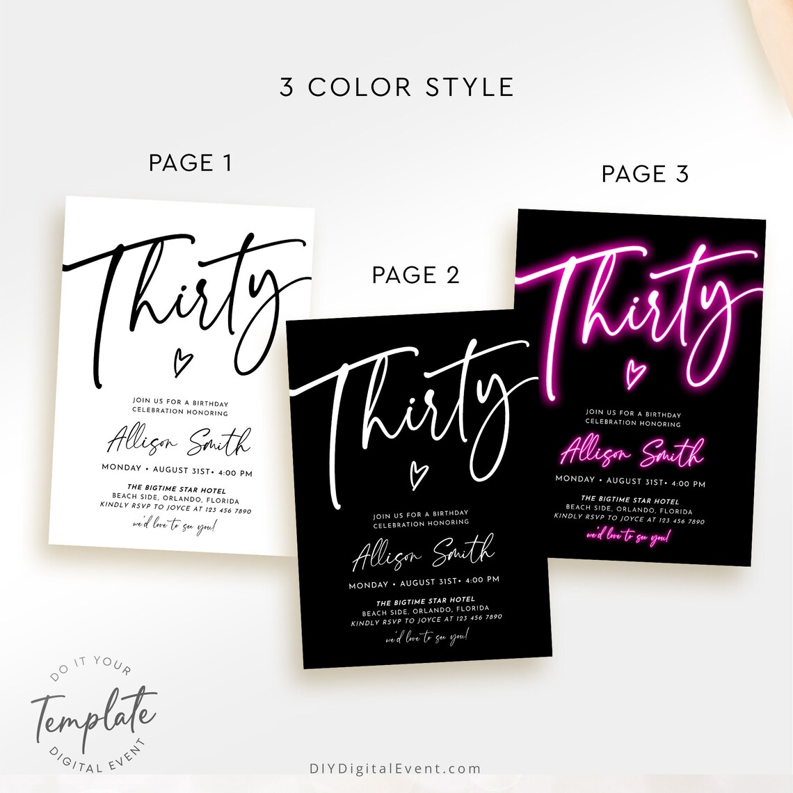 Neon 30th Birthday Invitation Template Printable Simple 30th - Etsy
