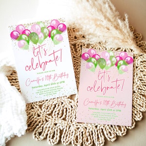 Editable Pink Green Birthday Invitation Template Electronic Let's ...