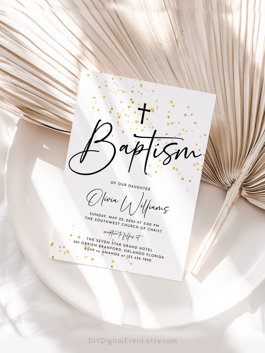 Editable Baptism Invitation Template Printable Minimalist Gold Glitter ...