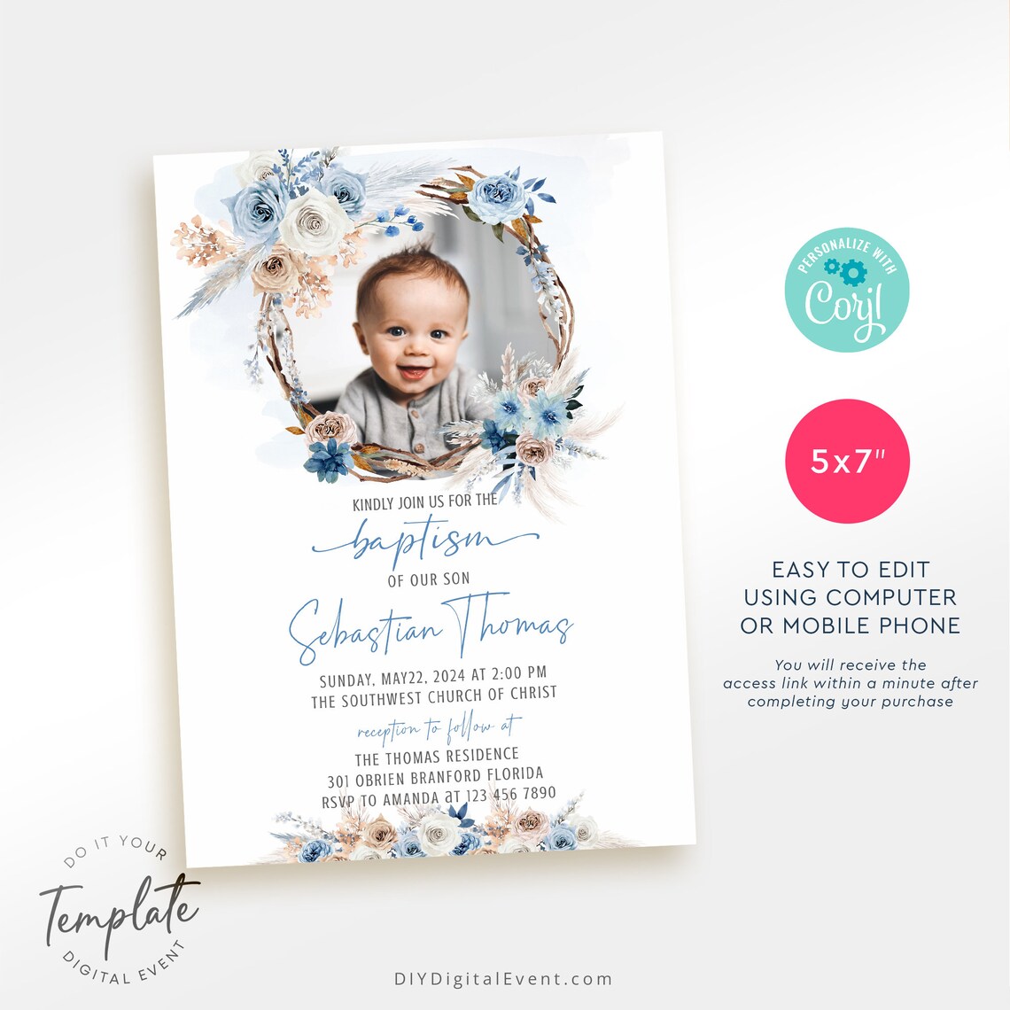 Editable Baptism Invitation Template, Blue Boho Christening Invitation ...