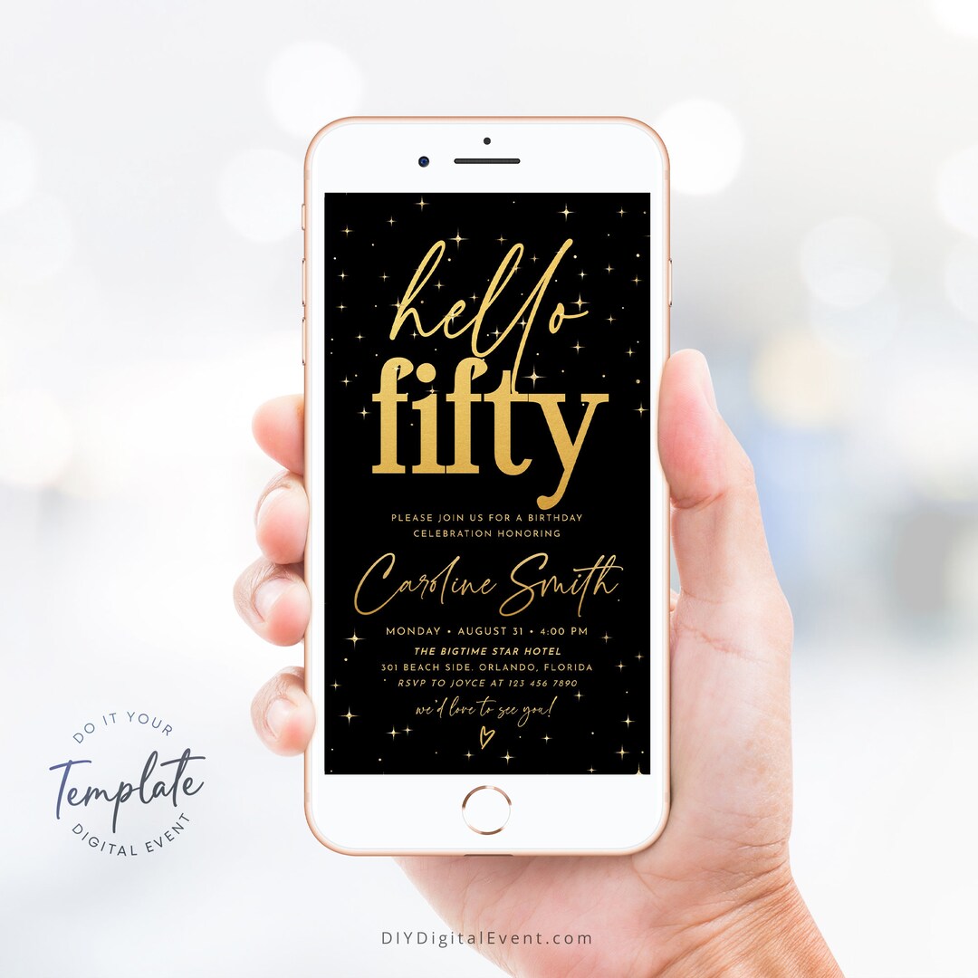 Editable 50th Birthday Invitation Template Electronic Gold Fifty ...